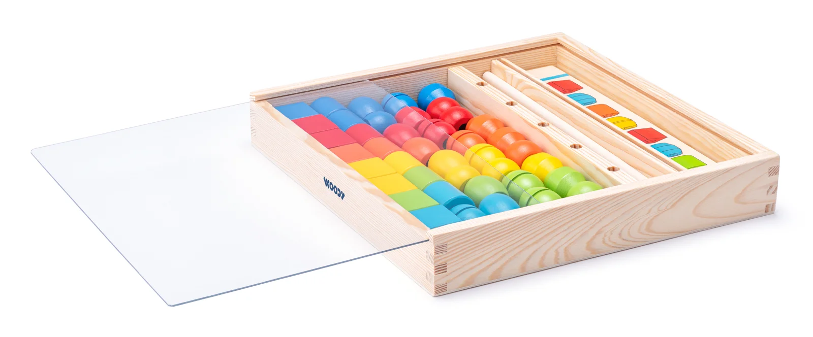 Joc logic de înemânare cu 55 de piese colorate din lemn și șabloane
