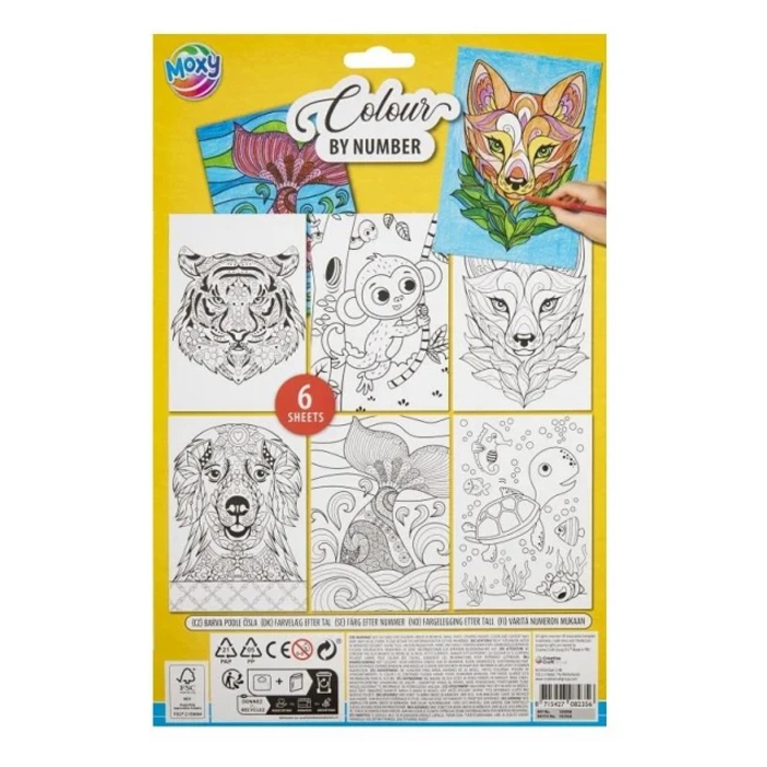 Set de 6 planșe de colorat și 6 creioane colorate - Animale