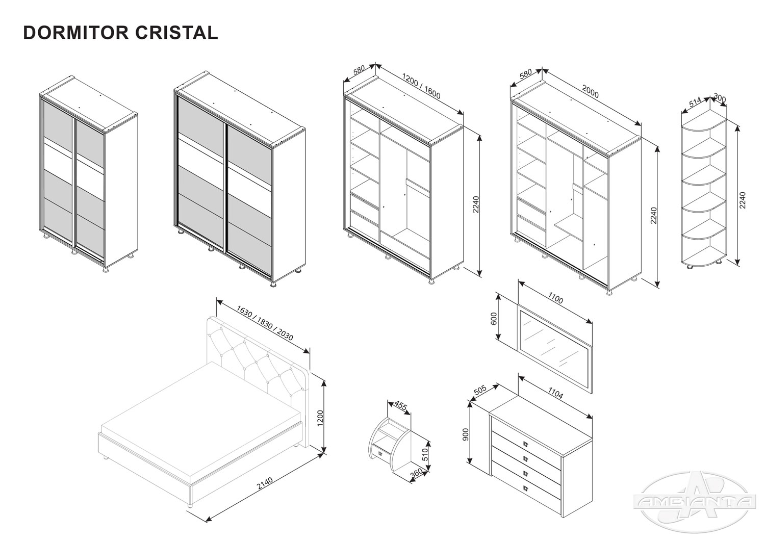 Dormitor PAT CRISTAL 1,8M GRI 4842115028694 Ambianta www.mob...