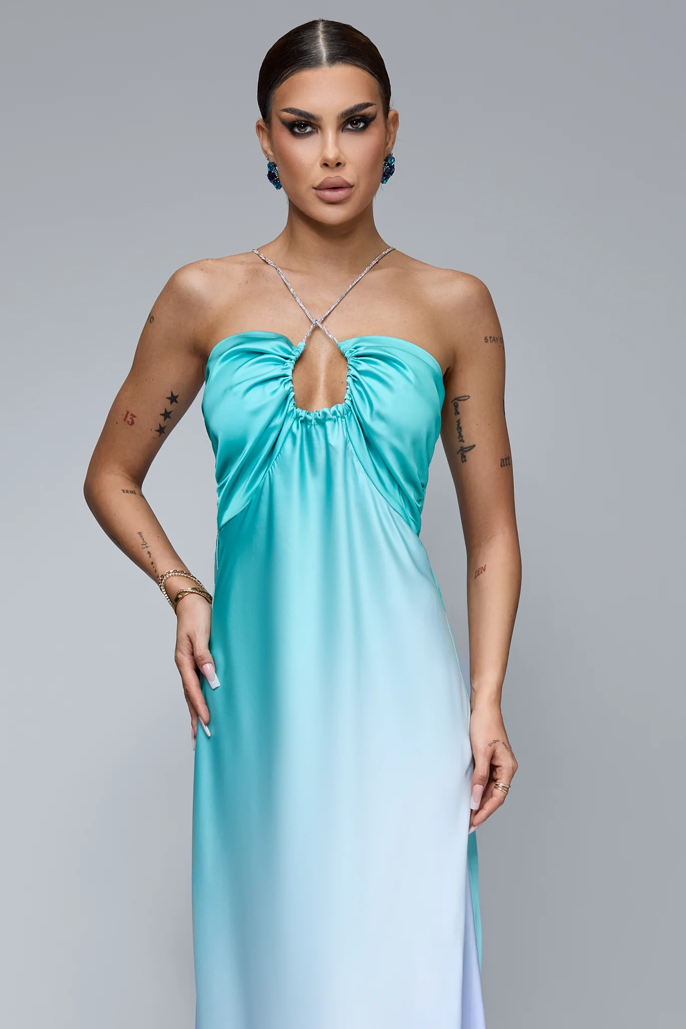 Rochie lunga, eleganta, avand imprimeu in degrade aqua cu albastru BBY ...