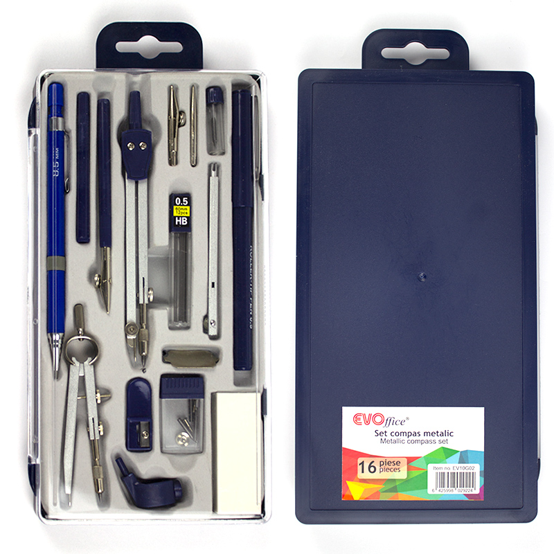 Instrumente geometrie Set compas metalic 16 piese EVOffice E...