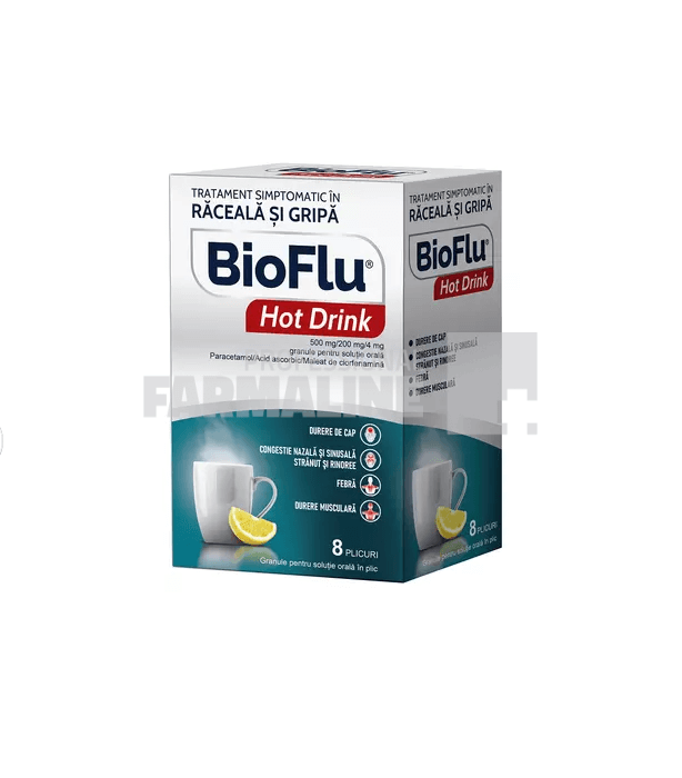 Bioflu Hot Drink 500mg/200mg/4mg granule pentru solutie orala 8 plicuri ...