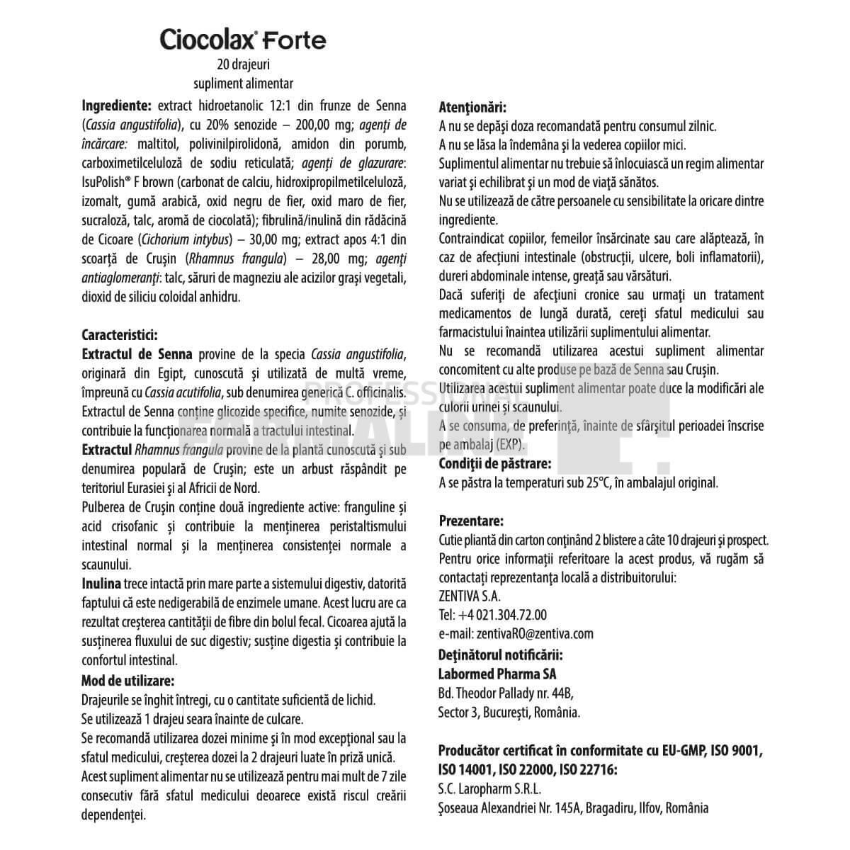 CIOCOLAX FORTE, 20 drajeuri, Labormed,Supliment alimentar cu un ...