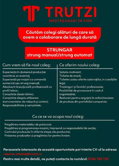 Anunț de angajare - Strungar