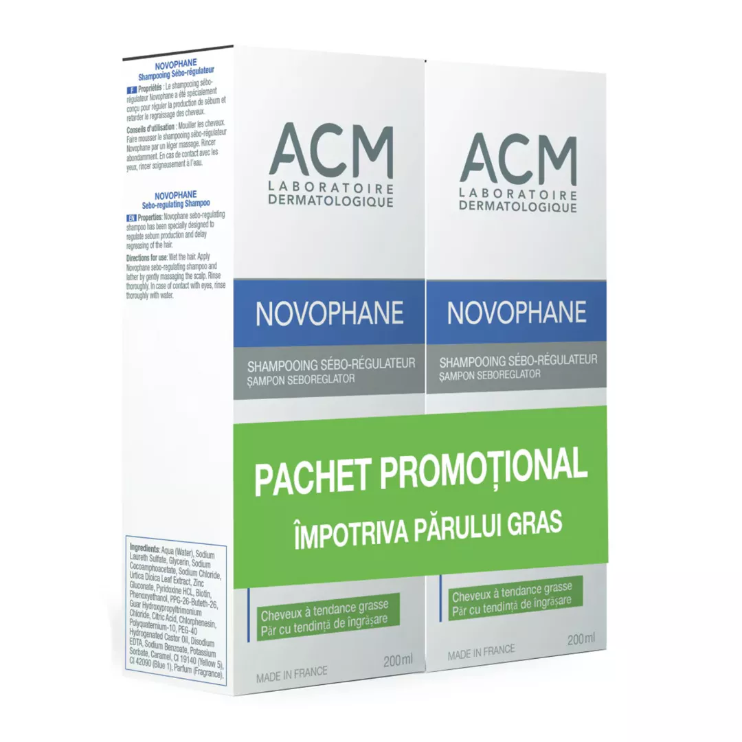 Pachet: 2 x Sampon Novophane par gras, 200 ml, ACM - FarmaciaBajan.ro