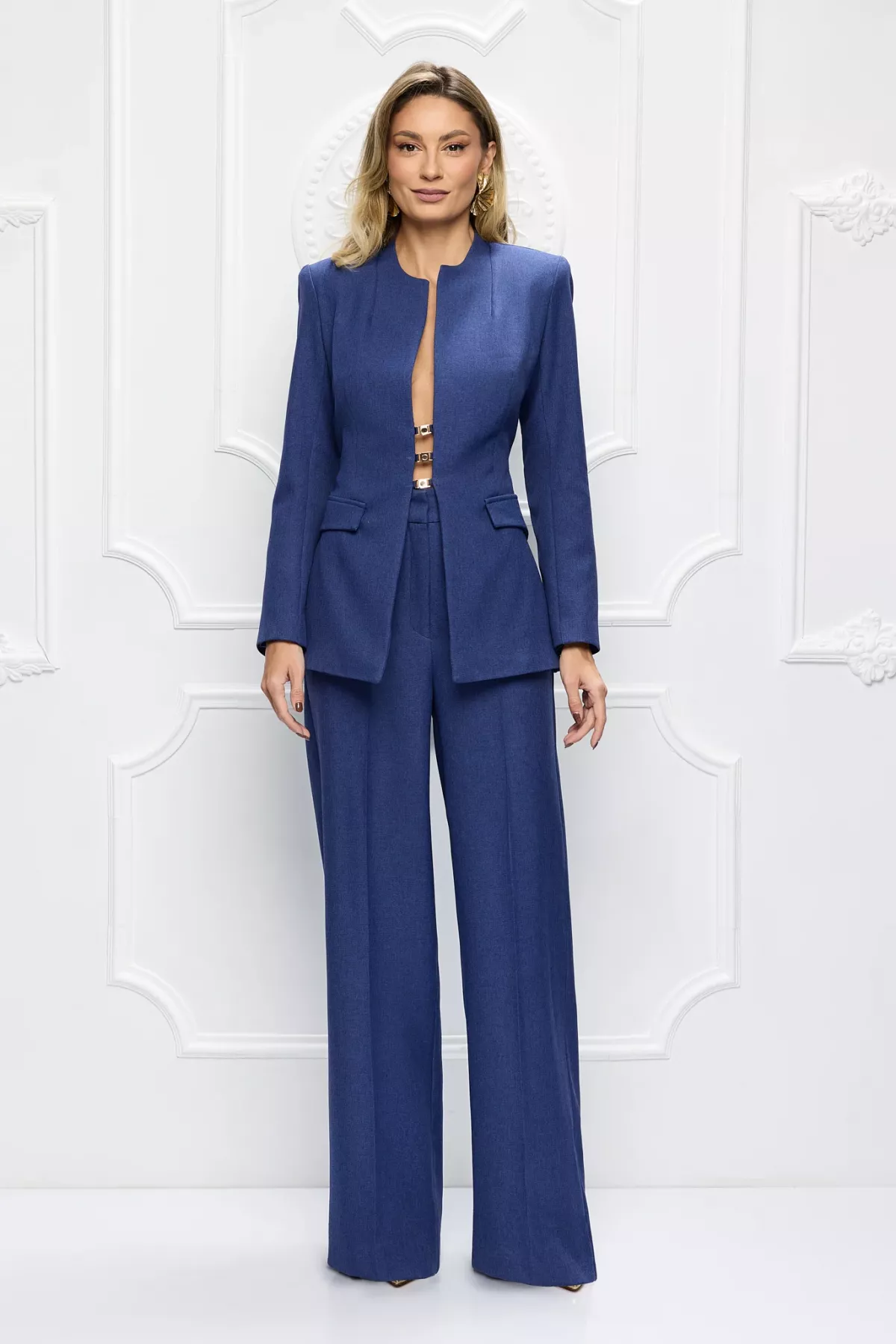 Compleu BIANCA bleumarin din stofa:sacou si pantaloni evazati BBY 20896