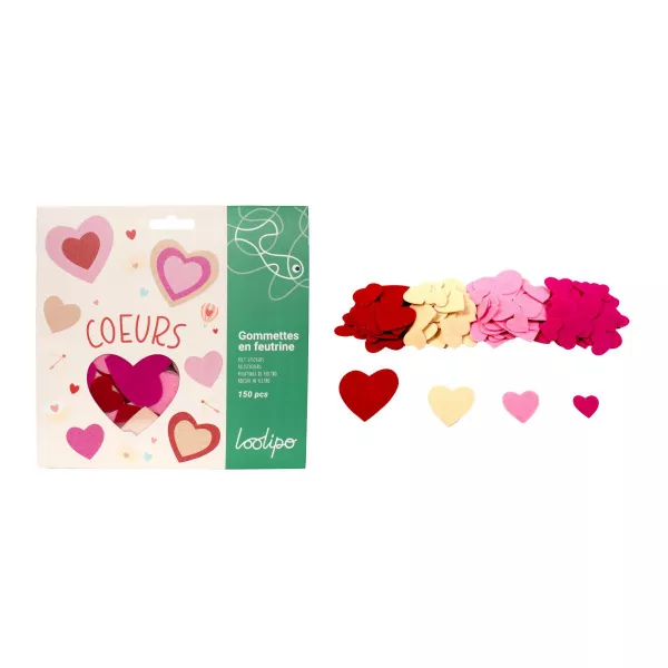 Set de 150 de inimi colorate din fetru autoadeziv - între 2,5 - 7 cm