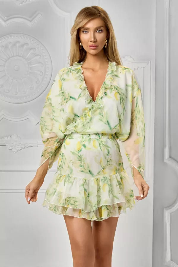 Compleu bluza+fusta din voal cu imprimeu cu lamai BBY 20733