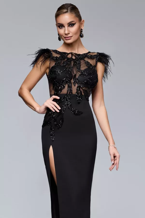 Rochie eleganta, midi, neagra, avand bustul accesorizat cu insertii de ...