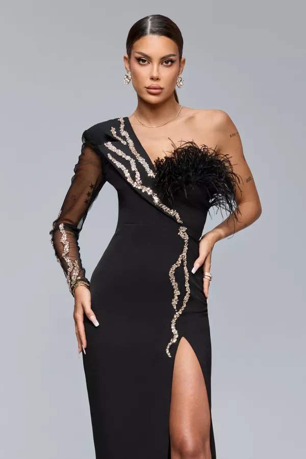 Rochie midi, eleganta, cupa accesorizata cu pene, o maneca lunga din ...