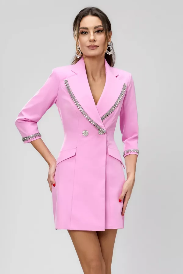 Rochie sacou, roz, revere accesorizate cu detalii pretioase din ...