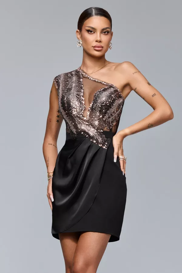 Rochie scurta, neagra, pe un umar, bust cu insertii de dantela si ...