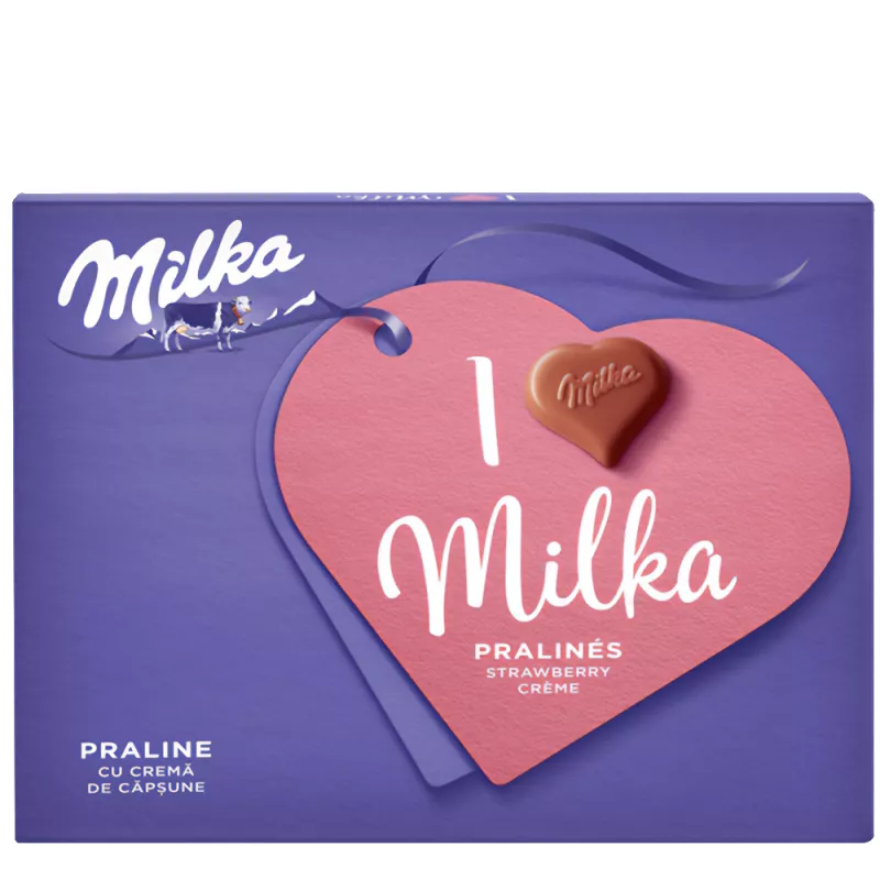 Bomboane ciocolata PRALINE I LOVE MILKA CAPSUNI 110G # 10 bu...